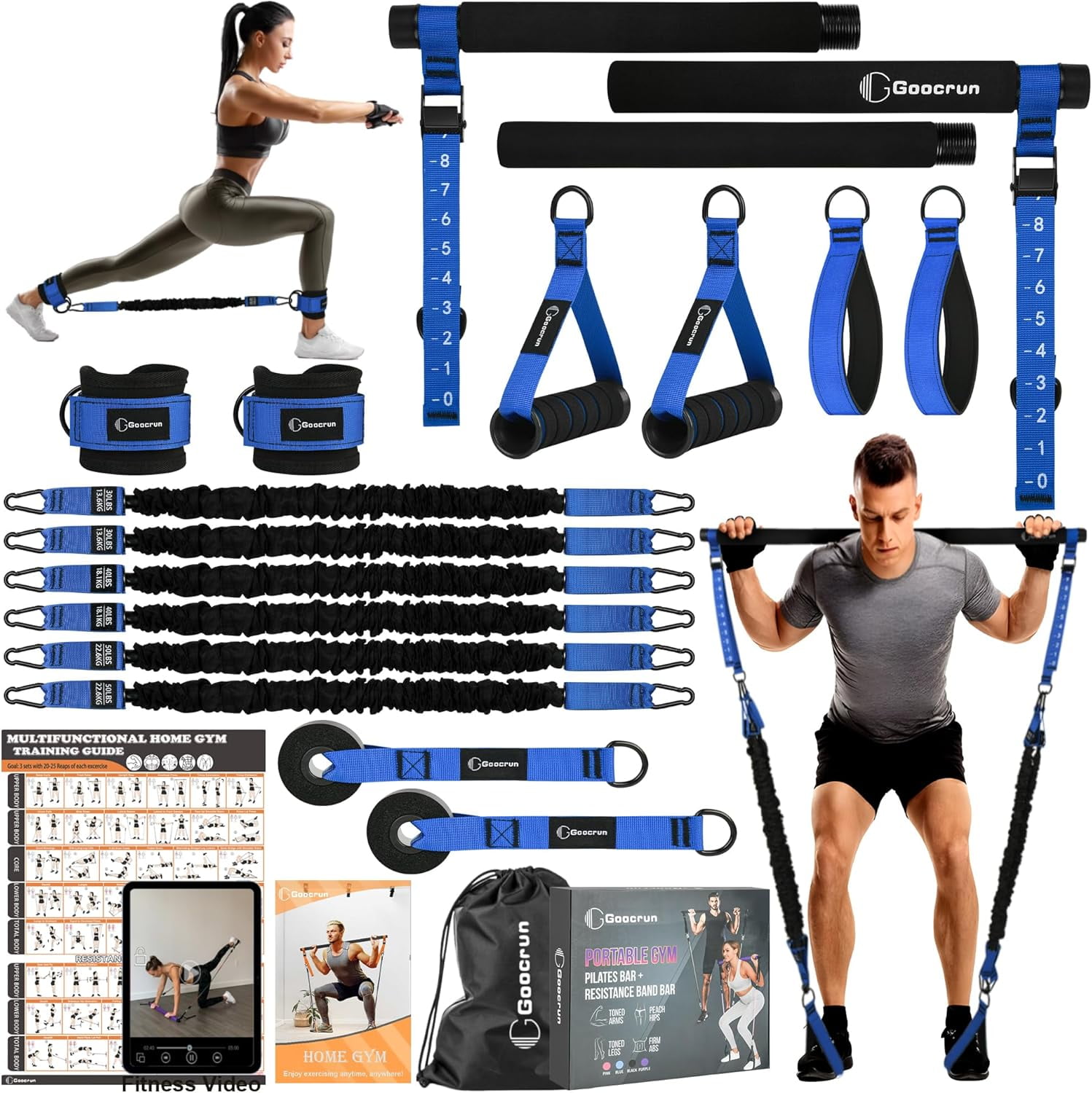 Portable Pilates Bar Kit with Resistance Bands for Men and Women - 3 ...