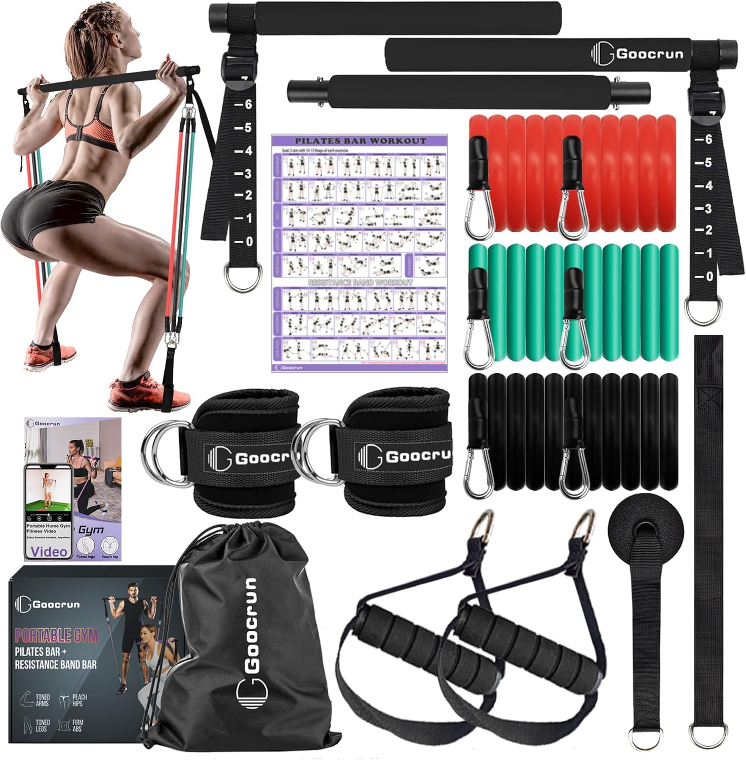 Portable Pilates Bar and Resistance Band Set with Handles. Multipurpose ...