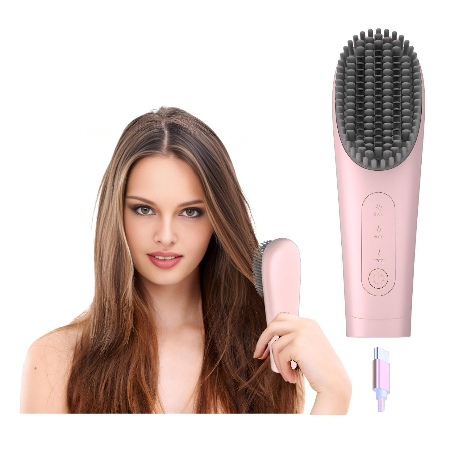 Portable Pink Ceramic Heat Cordless Travel Mini Hair Brush, Small Compact Wireless straightening ...