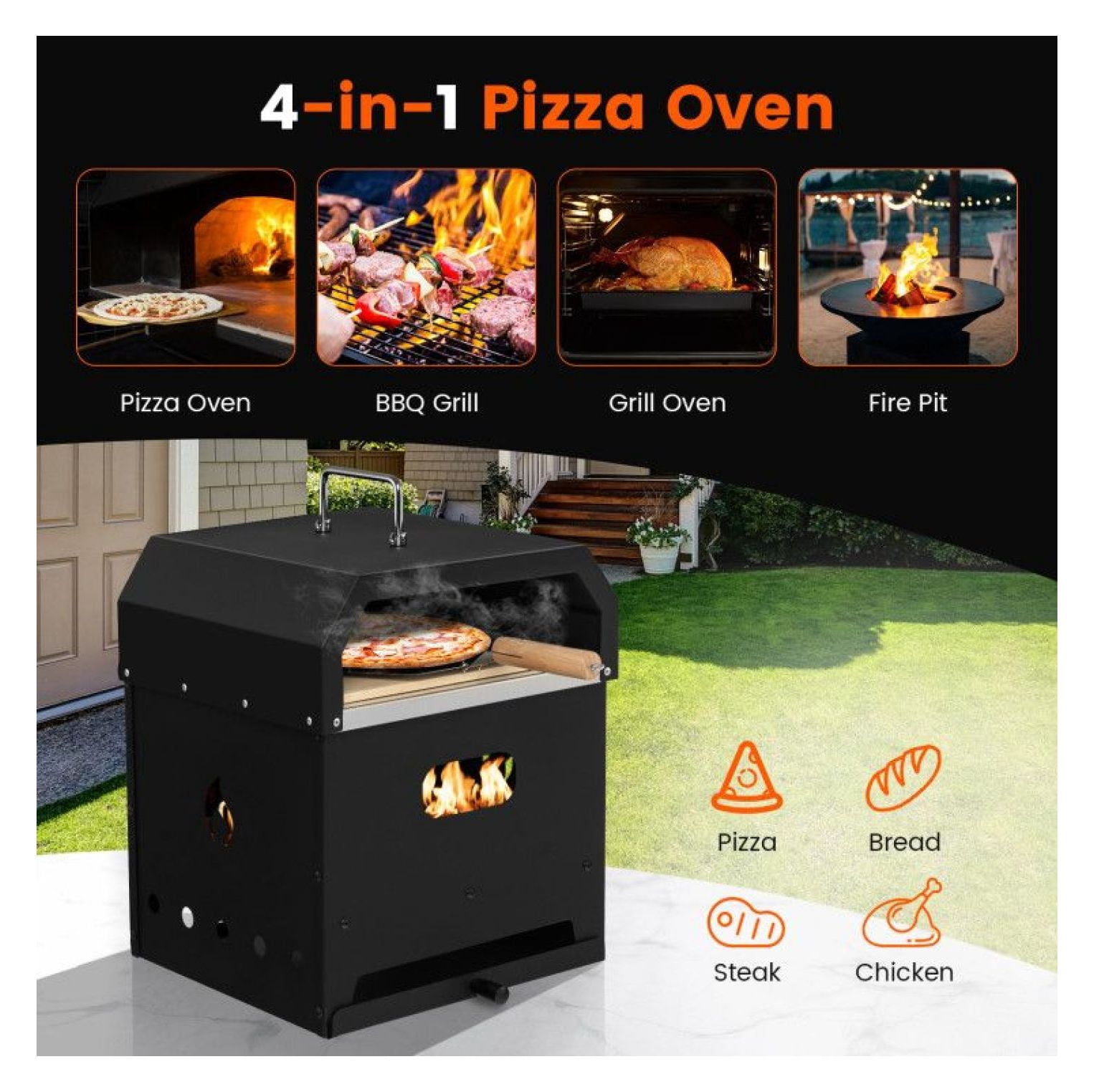 Portable Pizza Oven 4-in-1, 12 Inch Pizza Stone, Outdoor Wood Fired ...