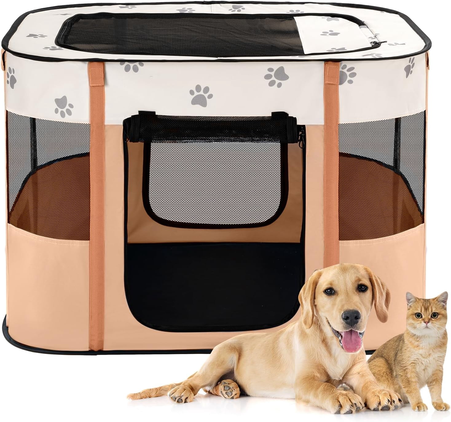 Portable Playpen, Foldable Pop Up Pet Play Pen Travel Crate with Floor ...