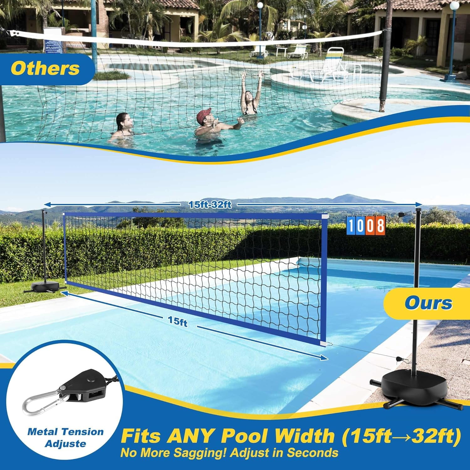 Portable Pool Volleyball Net with Scoreboard, Adjustable Width (15-32 ...
