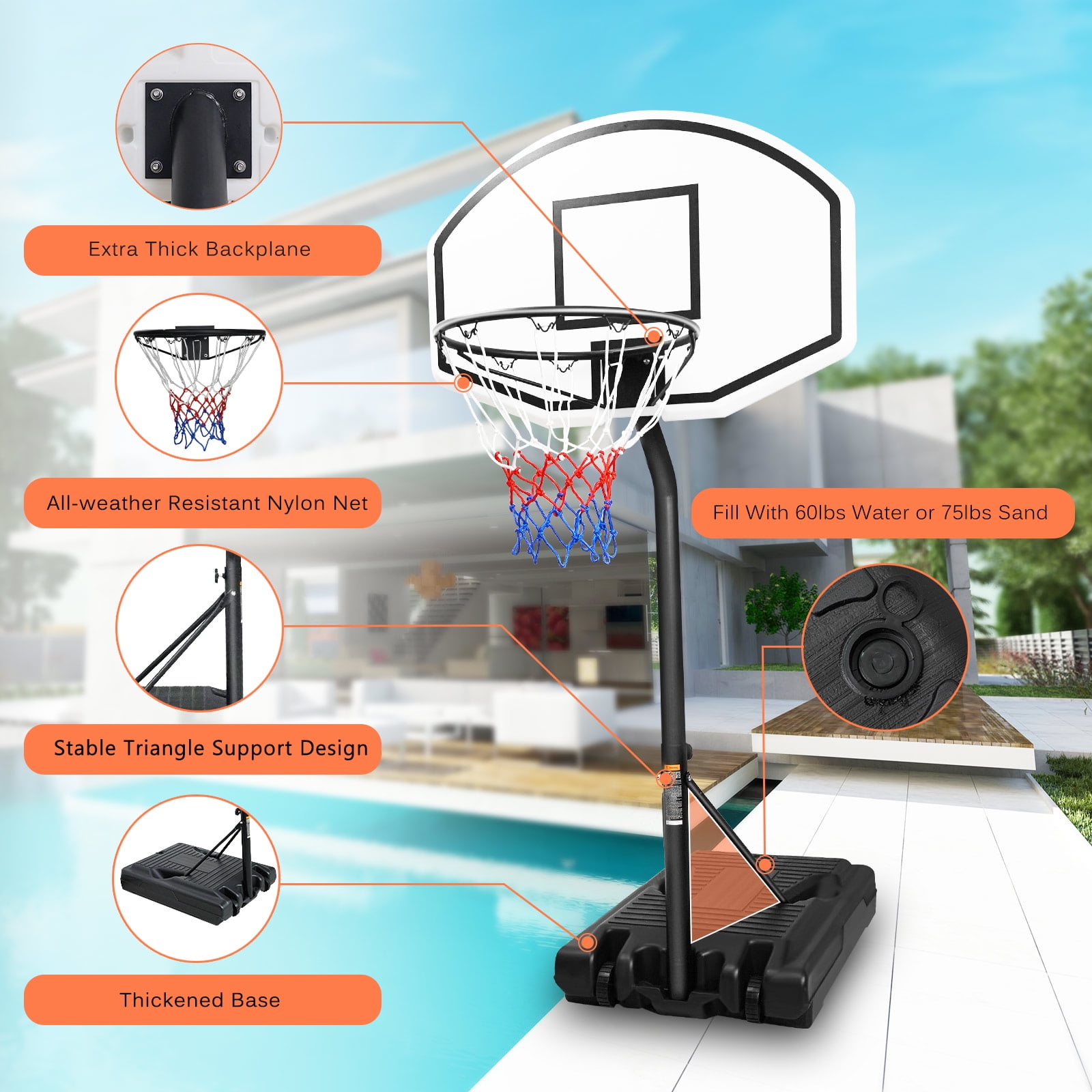 Portable Poolside Basketball Hoop Swimming Pool 3.1ft to 4.7ft Height ...