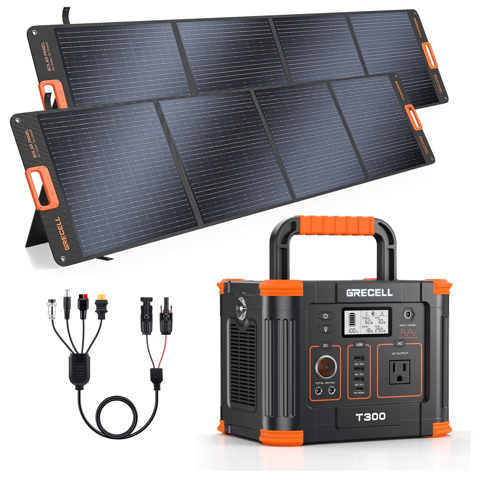 Portable Power Station GRECELL 300W Solar Generator with 2X 200W Solar Panel, 330W AC Outlet ...