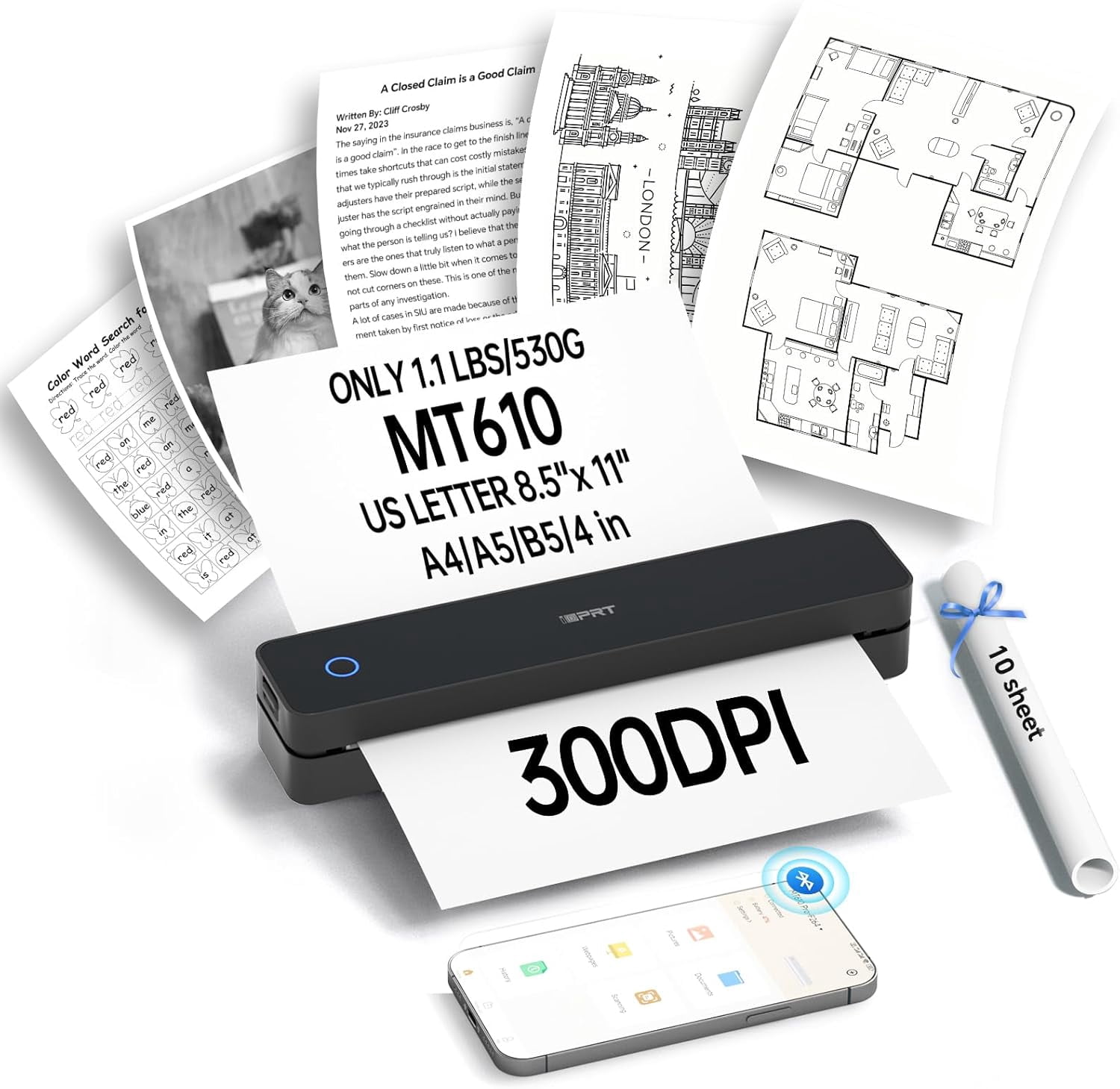 Portable Printers Wireless for Travel,300dpi Mini Thermal Printer A4 ...