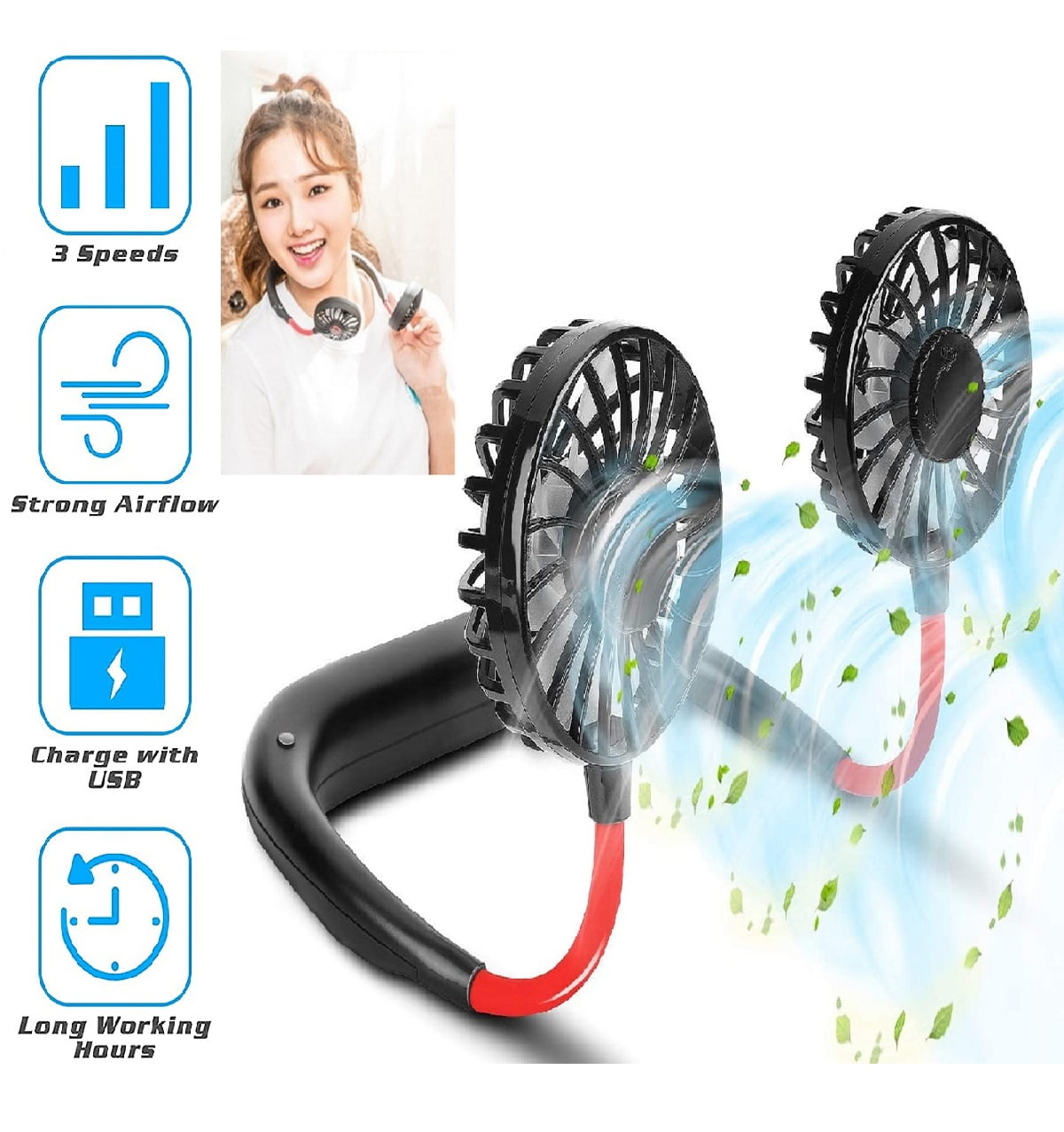 Portable Rechargeable Neck Fan Adjustable 3 Speed Fans 360 Degree ...