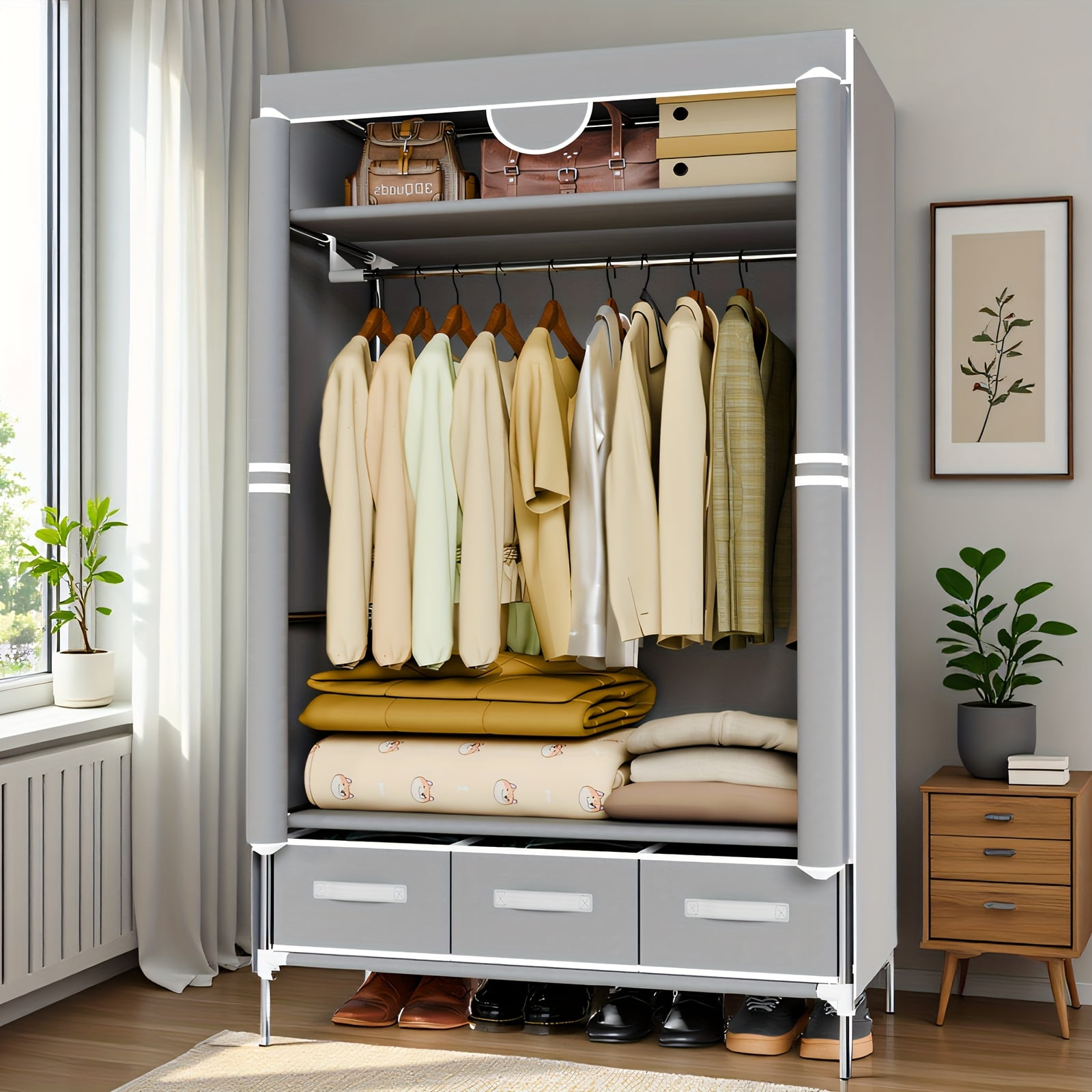 Portable Rolling Clothes Closet (35.4"L×17.7"W×67"H) - Hanging Rack + 3 ...