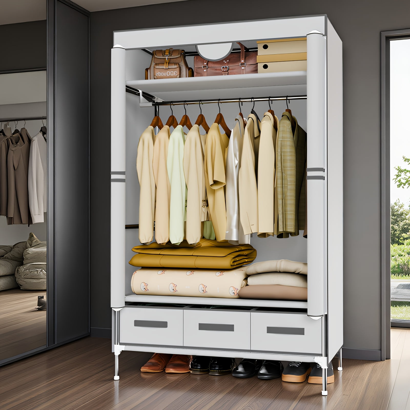 Portable Rolling Clothes Closet with Hanging Rack & 3 Drawers - No-Tool ...