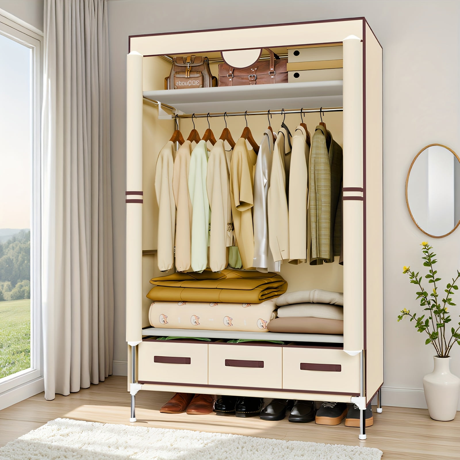 Portable Rolling Clothes Closet with Hanging Rack & 3 Drawers - No-Tool ...