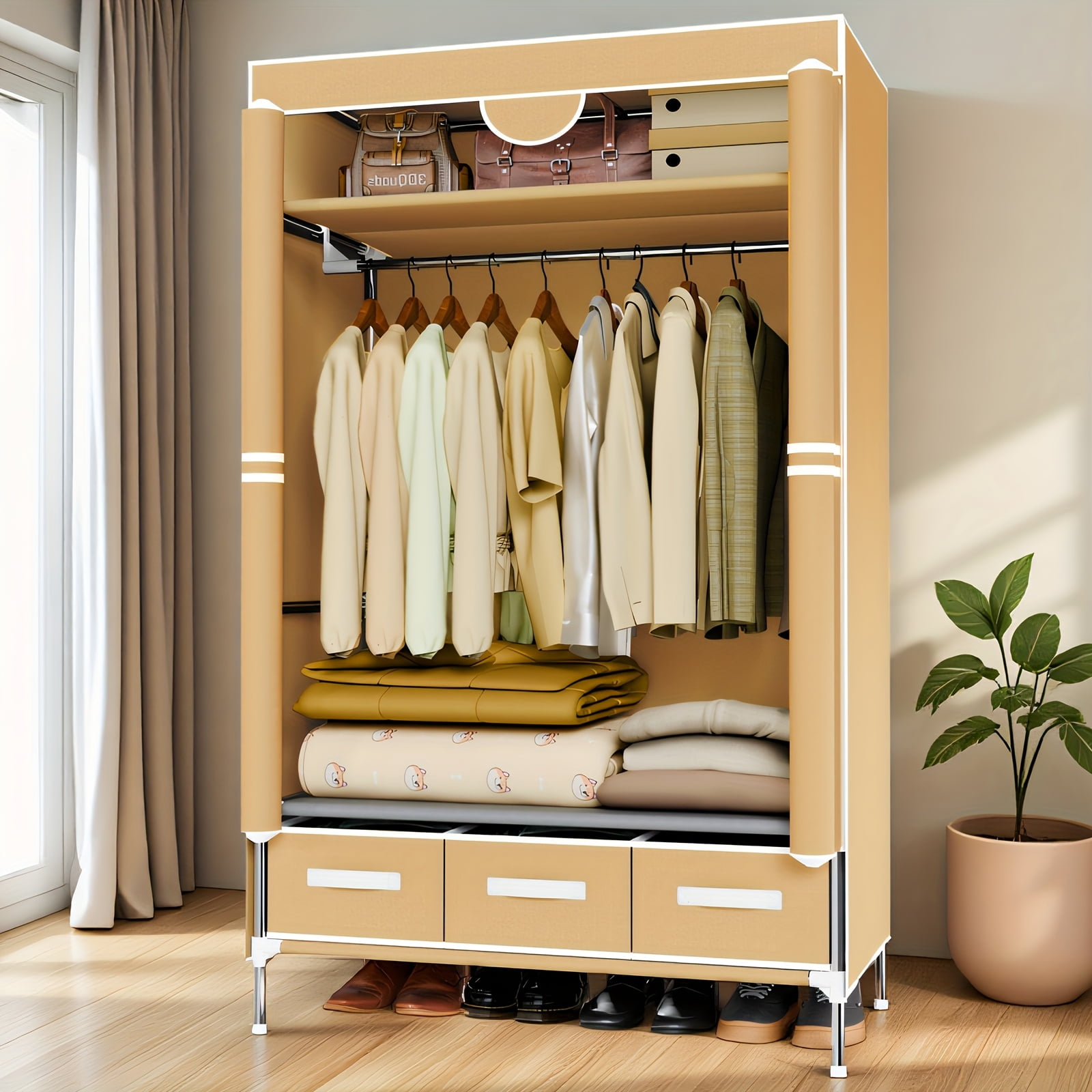 Portable Rolling Clothes Closet with Hanging Rack & 3 Drawers - No-Tool ...
