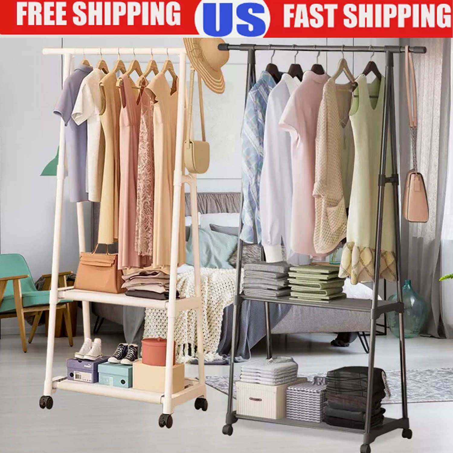 Portable Rolling Clothes Rack with Wheels 2-Tier Triangle Coat Hanging ...