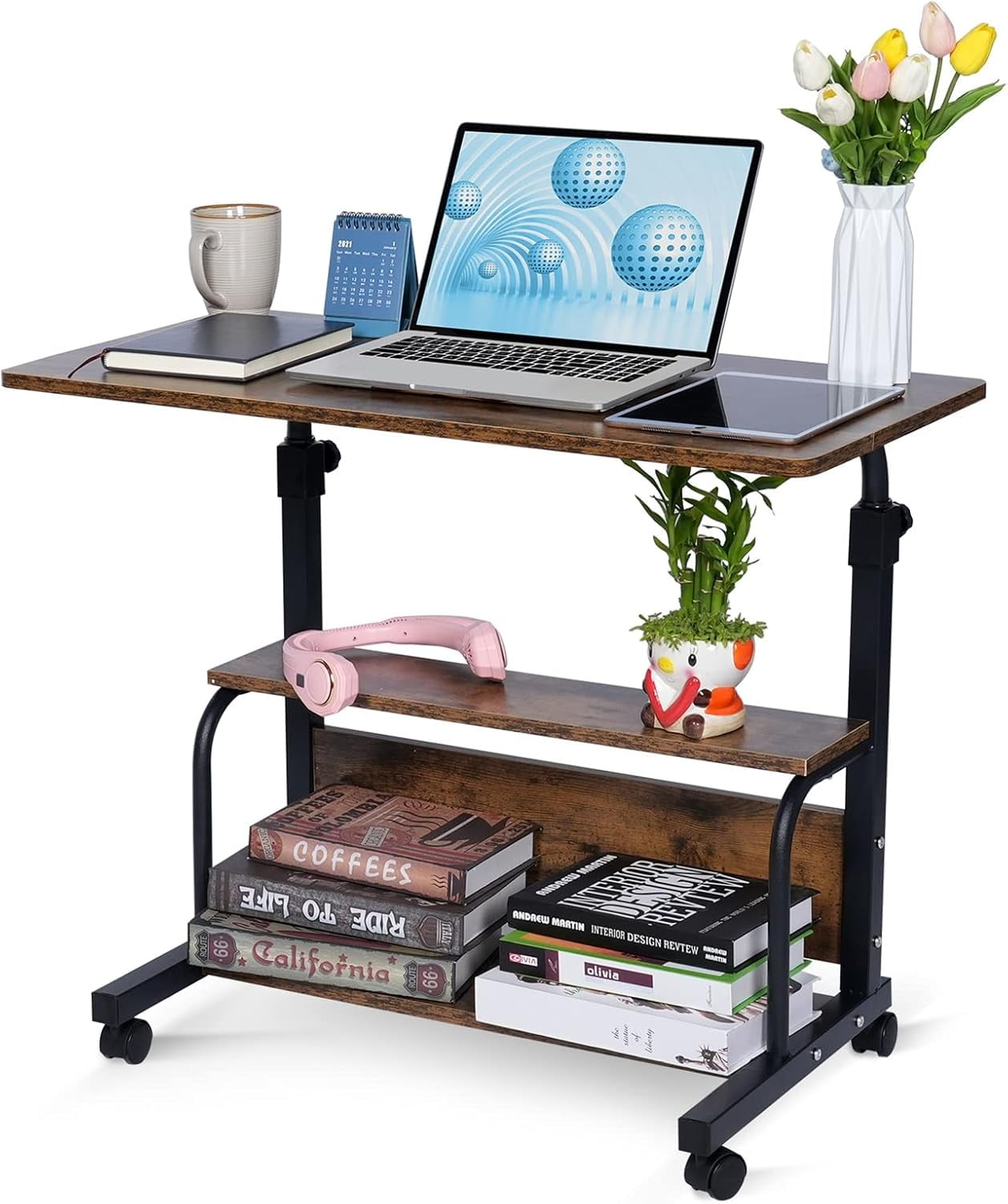 Portable Rolling Desk on Wheels Small Standing Desk Adjustable Height ...