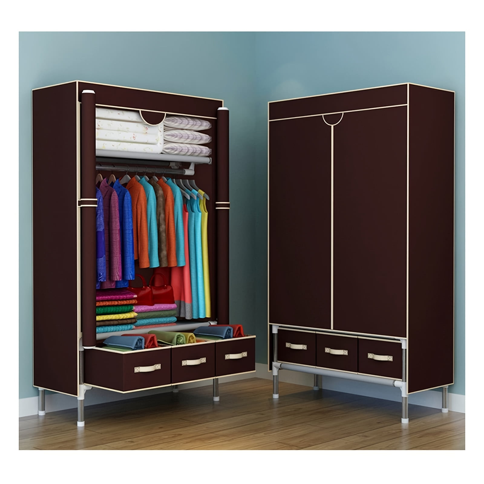 Portable Rolling Door Wardrobe with Hanging Rack & 3 Drawers, No-Tool ...