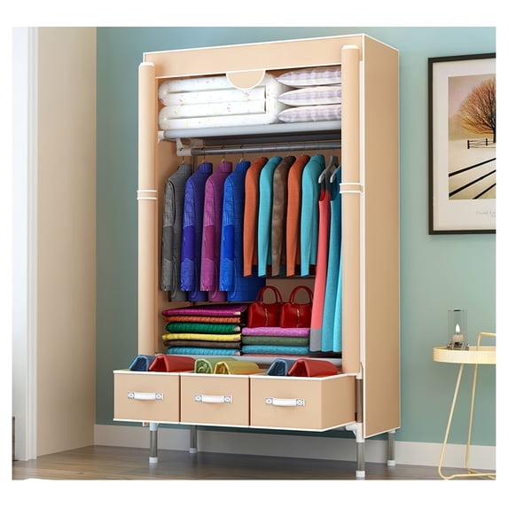 Portable Rolling Door Wardrobe with Hanging Rack & 3 Drawers, No-Tool ...