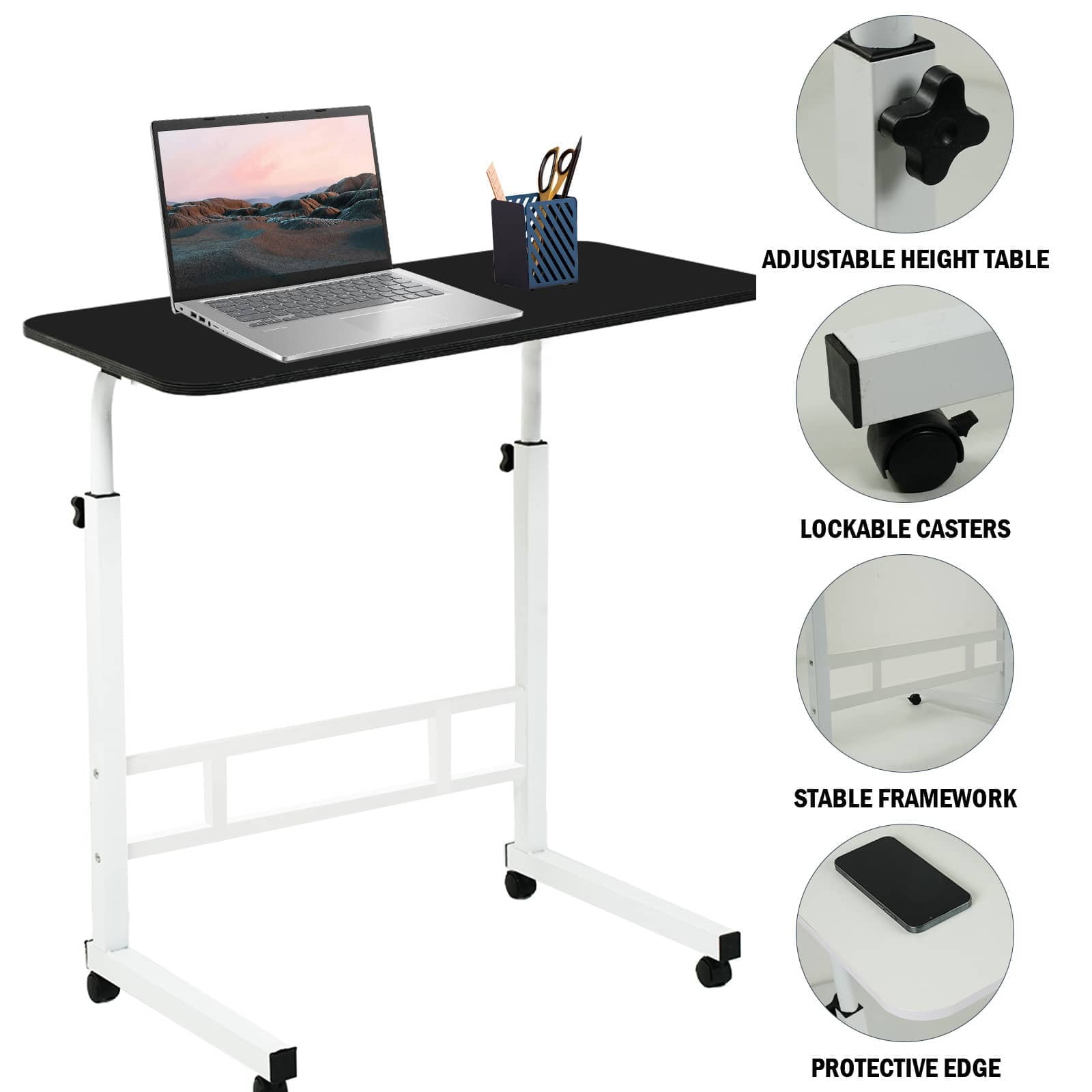 Portable Rolling Laptop Desk - Adjustable Height Mobile Side Table With ...