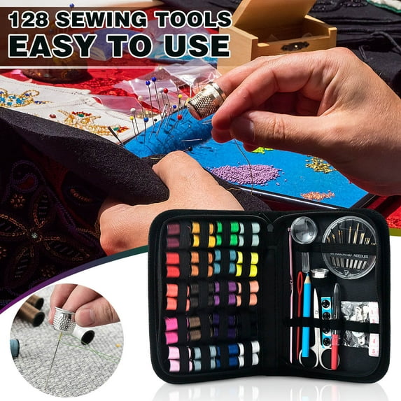 Portable Sewing Kit with Needles Threads Scissors Buttons Thimble and ...
