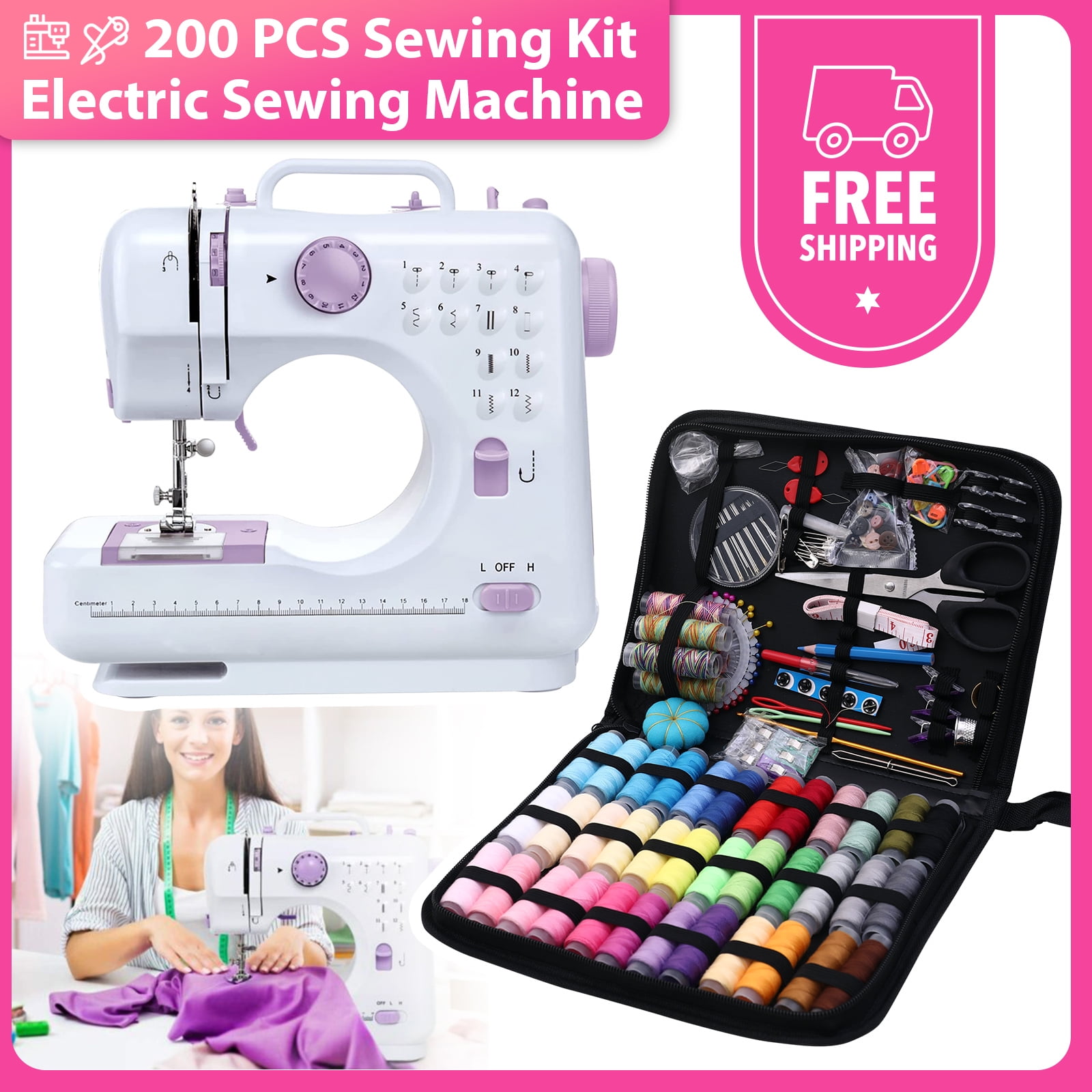 Portable Sewing Machine, 200-Piece Beginners Kit W/12 Stitch Patterns ...