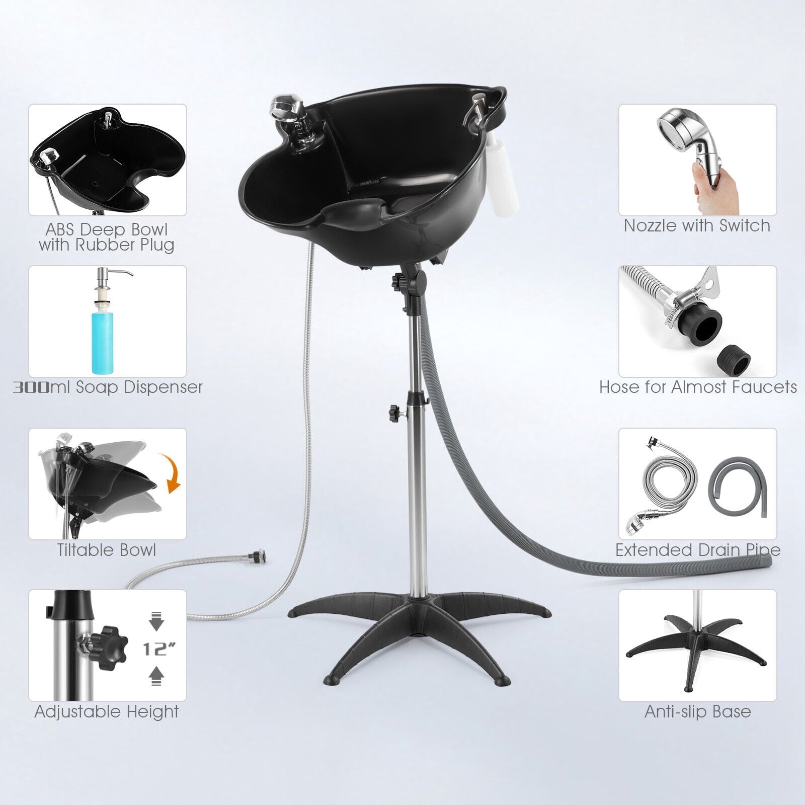 Portable Shampoo Bowl Salon Sink Height Adjustable Barber Hair Washing ...