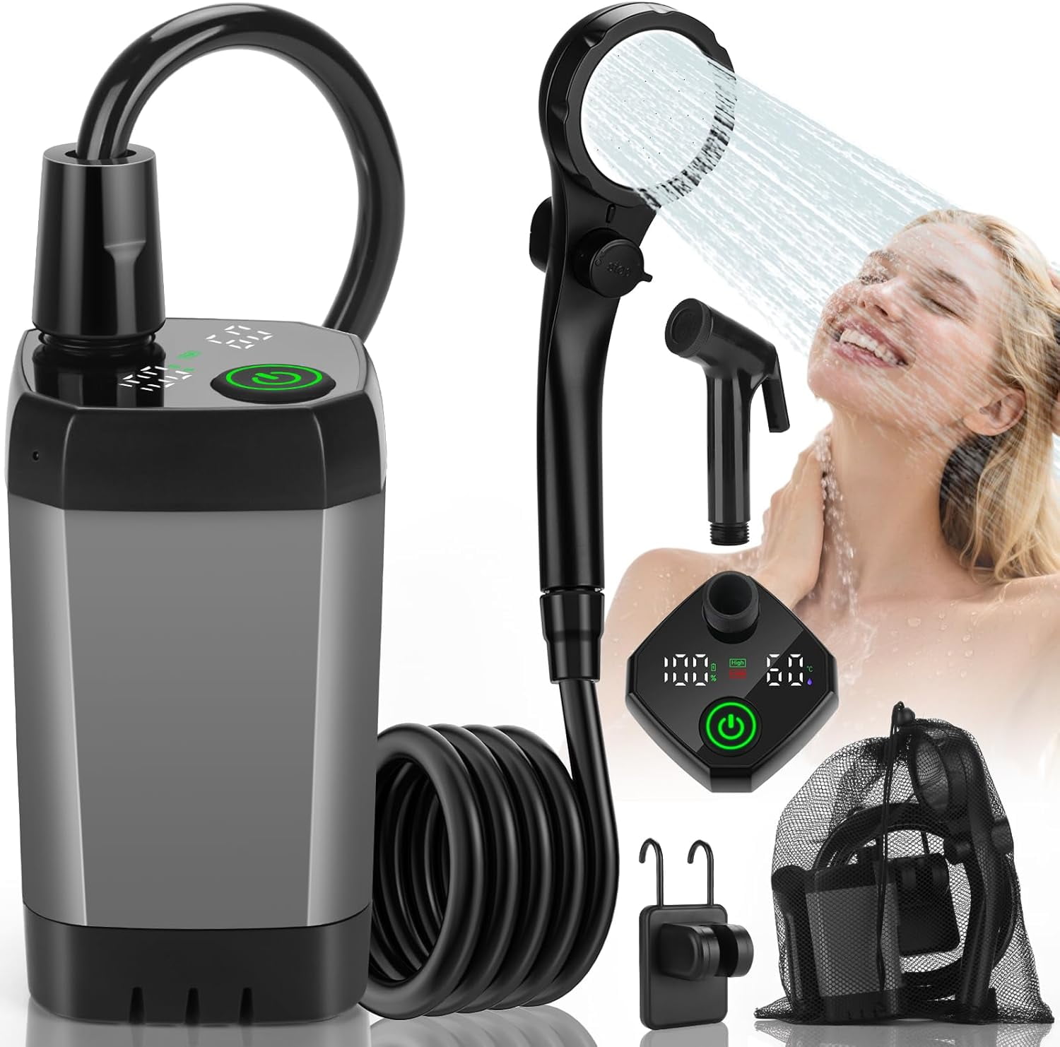 Portable Shower for Camping, Rechargeable Camping Shower Pump with LED ...