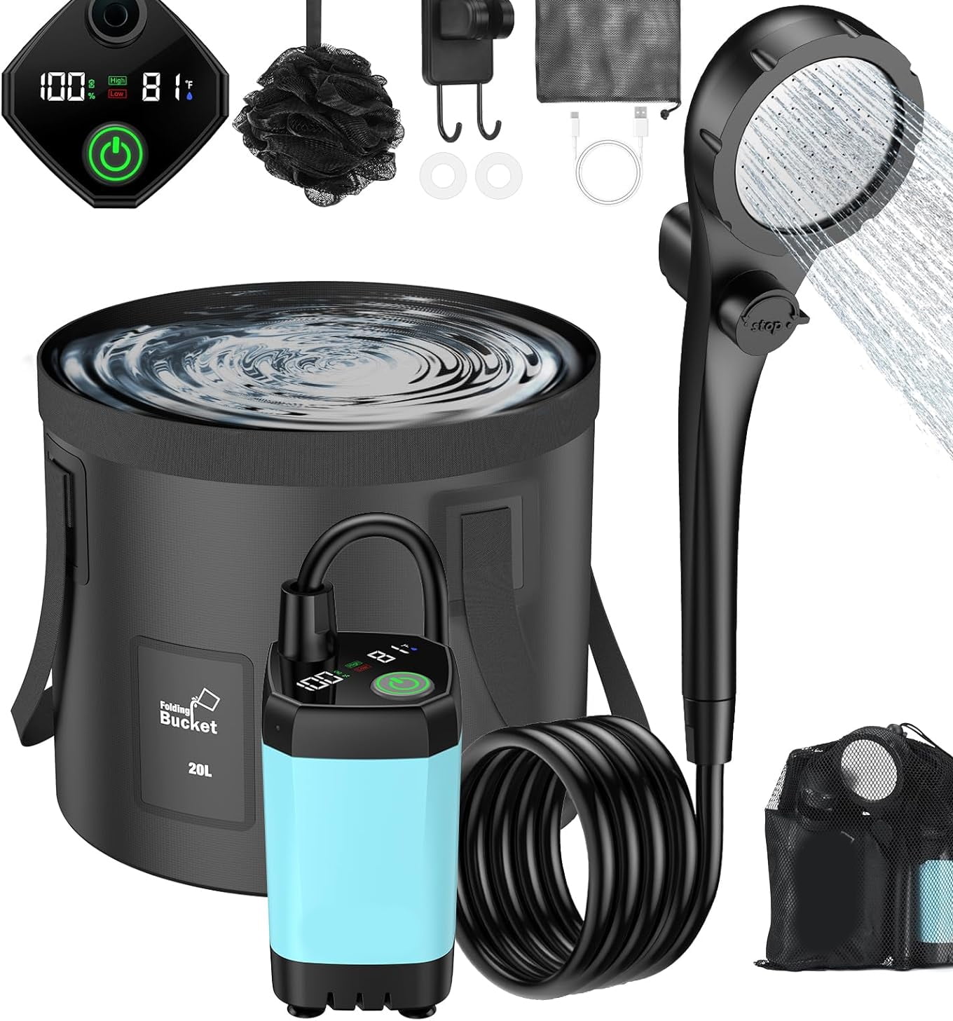 Portable Shower for Camping with LED Display, Collapsible Bucket and 3 ...