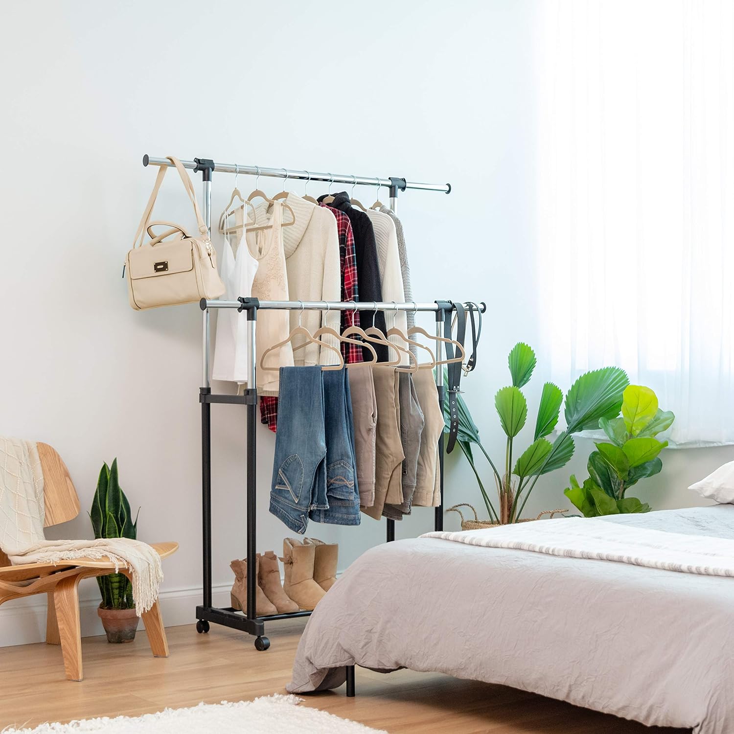 Portable Single-Rod Height Adjustable Clothes Rack with Extendable Bar ...