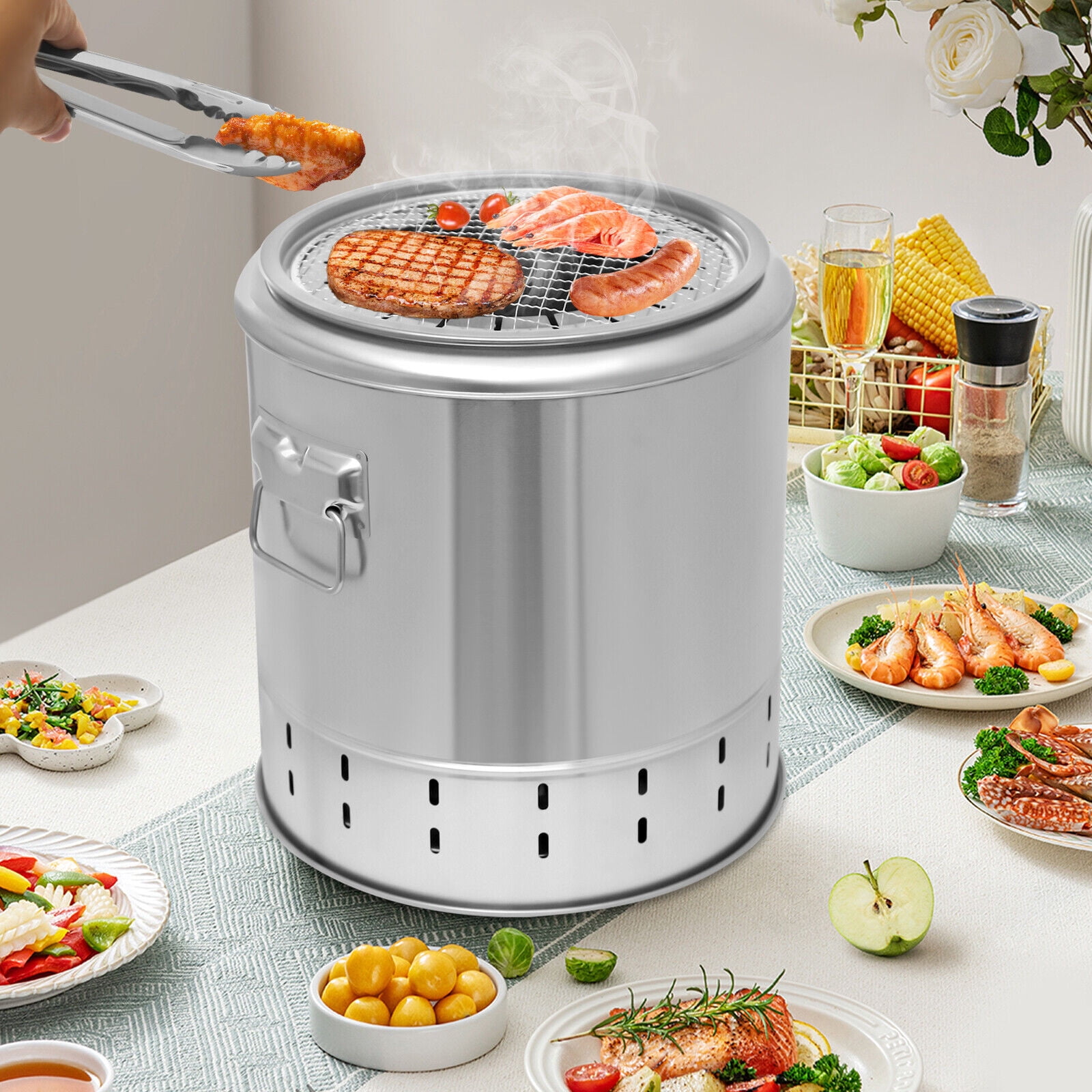 BBQ Charcoal Grill, Stainless Steel Barbecue Barrel, Portable Smokeless ...