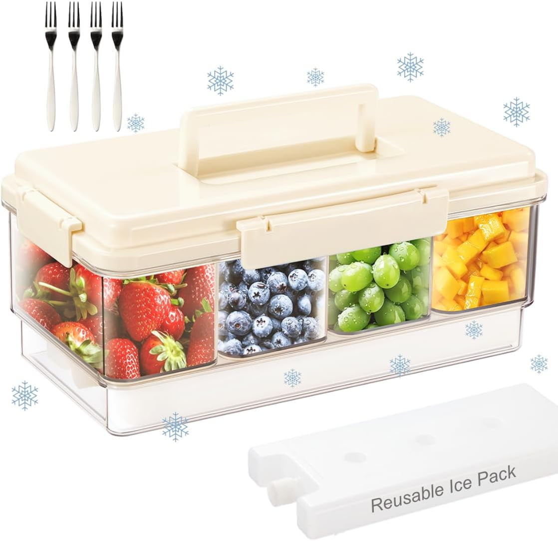 Portable Snackle Box Container with Ice Pack, 4 Large Compartments Chilled Travel Charcuterie ...