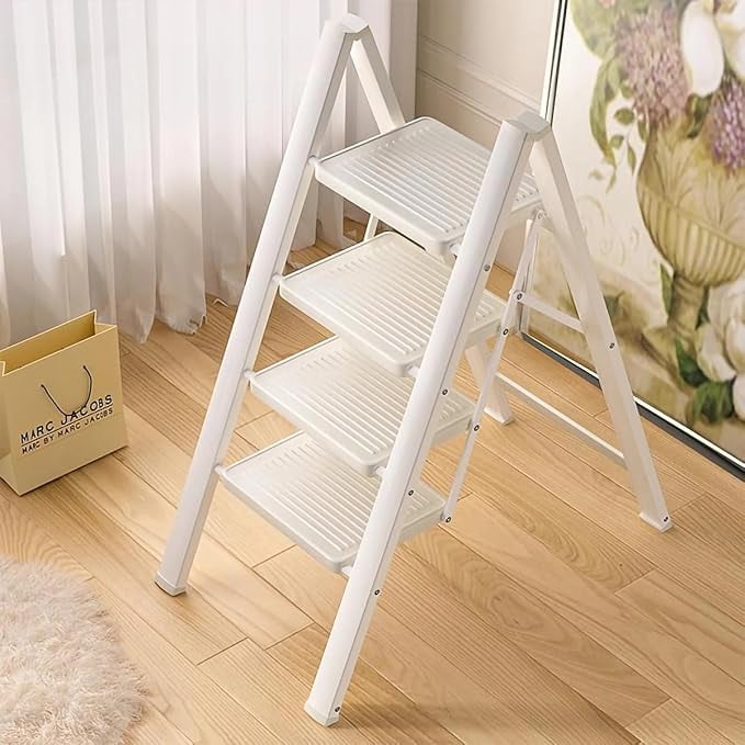 Portable Step Ladder White and Black,Folding Step Stool with Wide Anti ...