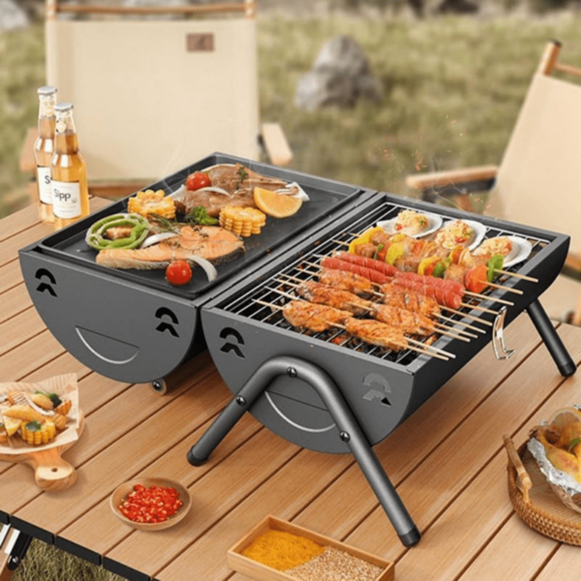 Portable Table Top Charcoal Grill with Smoker, Double-Sided BBQ Grill ...