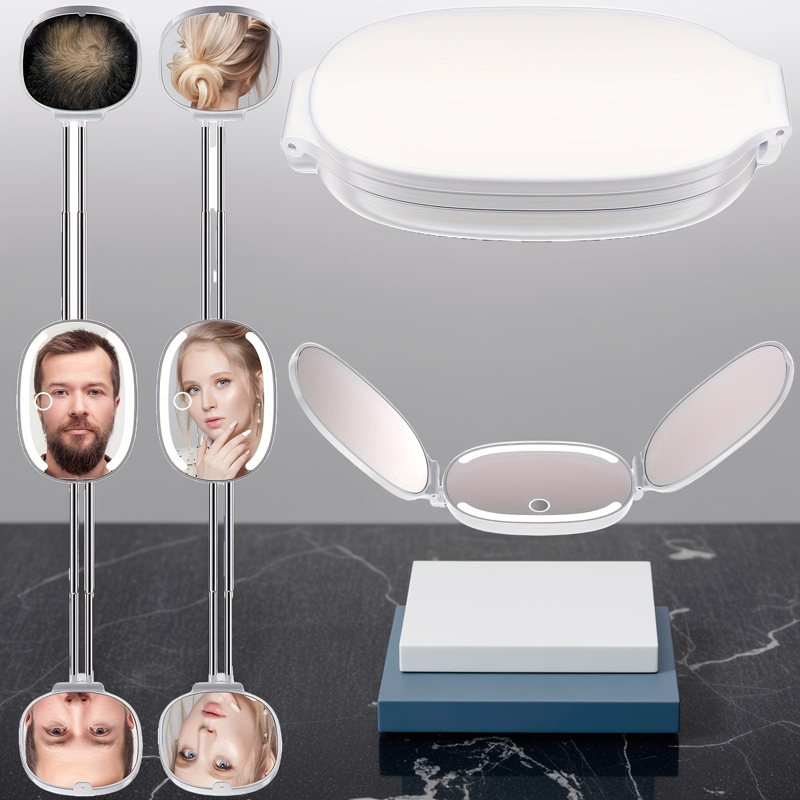 Portable Telescopic 3 Way Mirror With LED Light, Travel LED Mirror ...