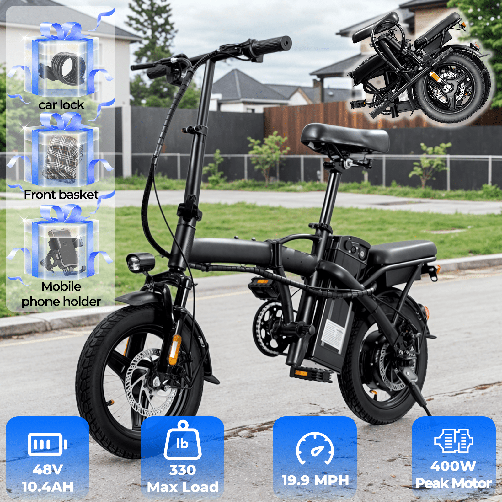 Portable Terrosor T5 Electric Bicycle - 14" Foldable Design, Dual Disc ...