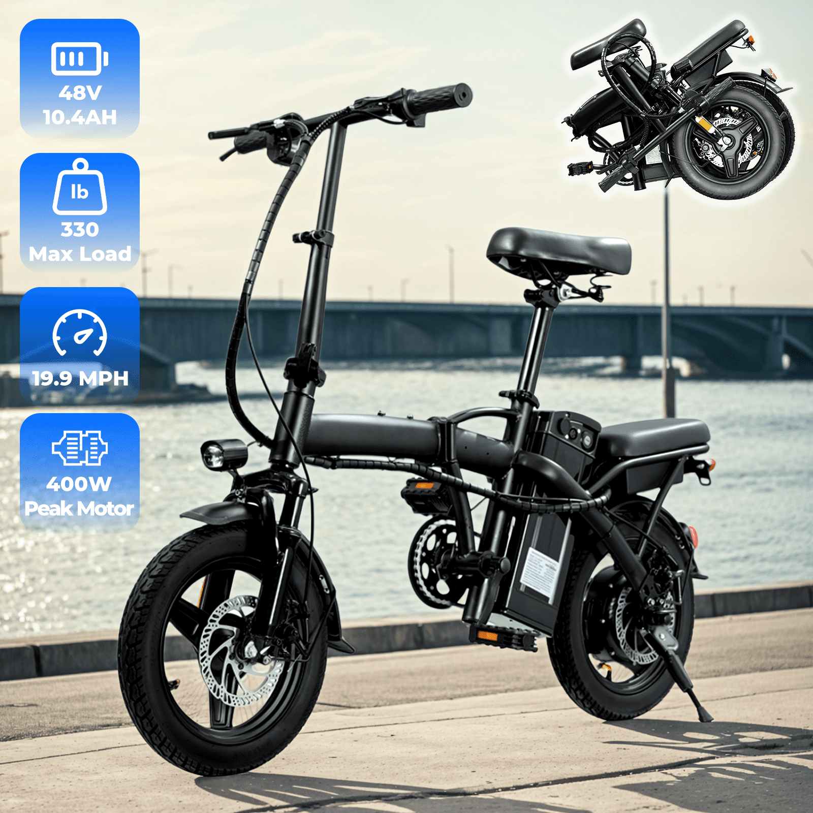 Portable Terrosor T5 Electric Bicycle - 14" Foldable Design, Dual Disc ...