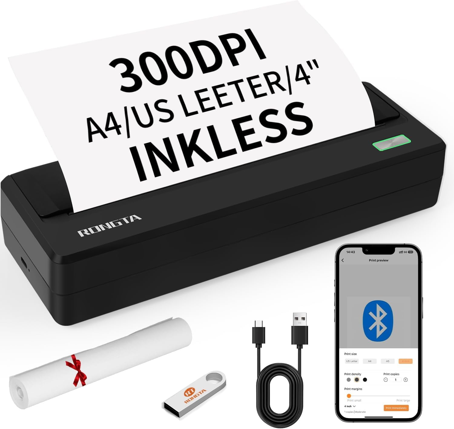 Portable Thermal Printer for Travel, Bluetooth Wireless Support 8.5'' x ...