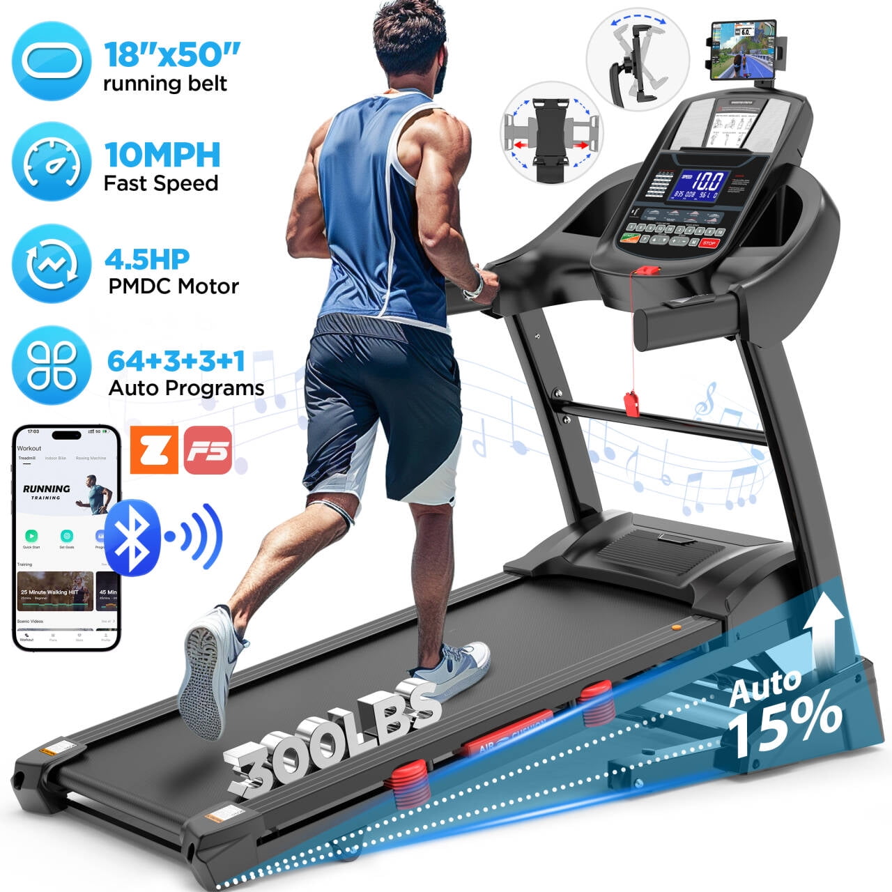 Portable Treadmill 300lbs Capacity, 4.5 HP Folding Treadmill for Home w ...