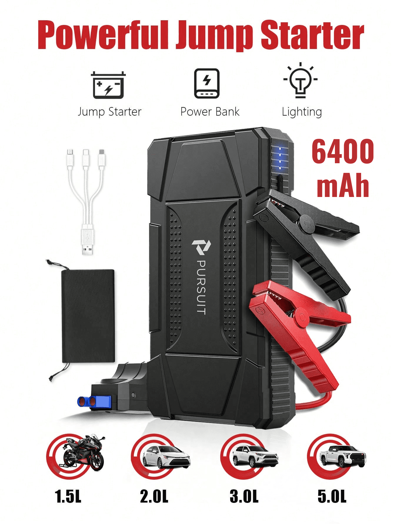 Portable Jump Starter & Power Bank w/ Flashlight for 4.0L Gas & 2.0L ...