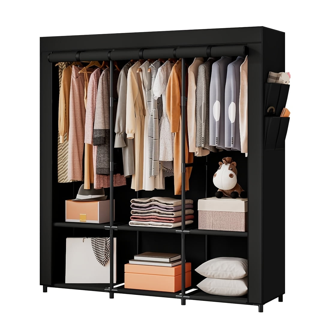 Portable Wardrobe Closet Storage Organizer Metal Hanging Rack Non-Woven ...