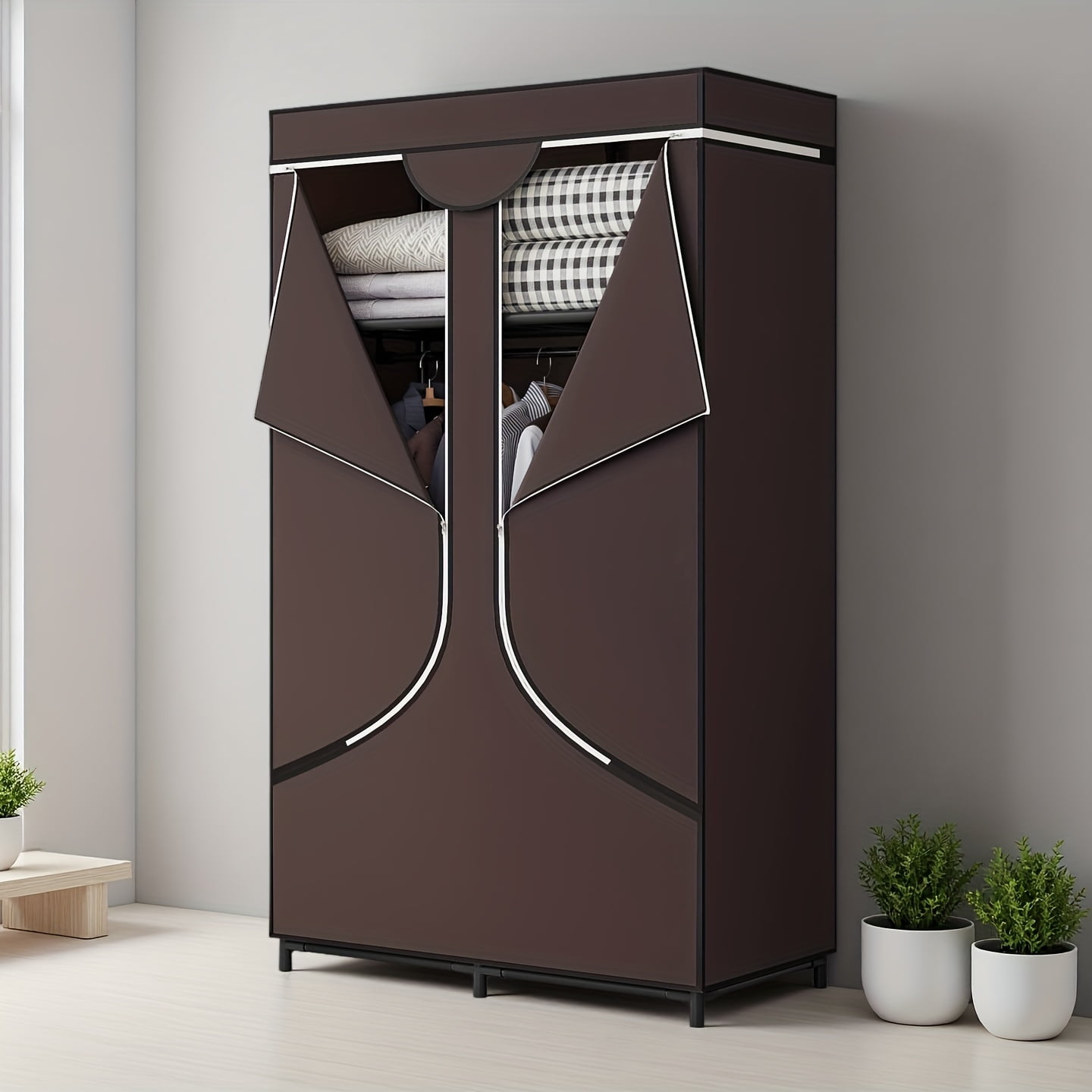 Portable Wardrobe Closet Storage Organizer Metal Hanging Rack Non-Woven ...