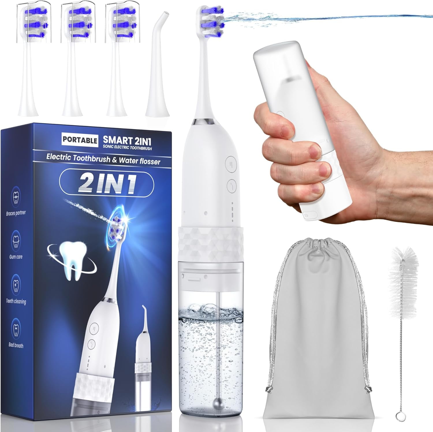 Portable Water flosser with Electric Toothbrush, 2 in 1 Teeth Cleaning ...