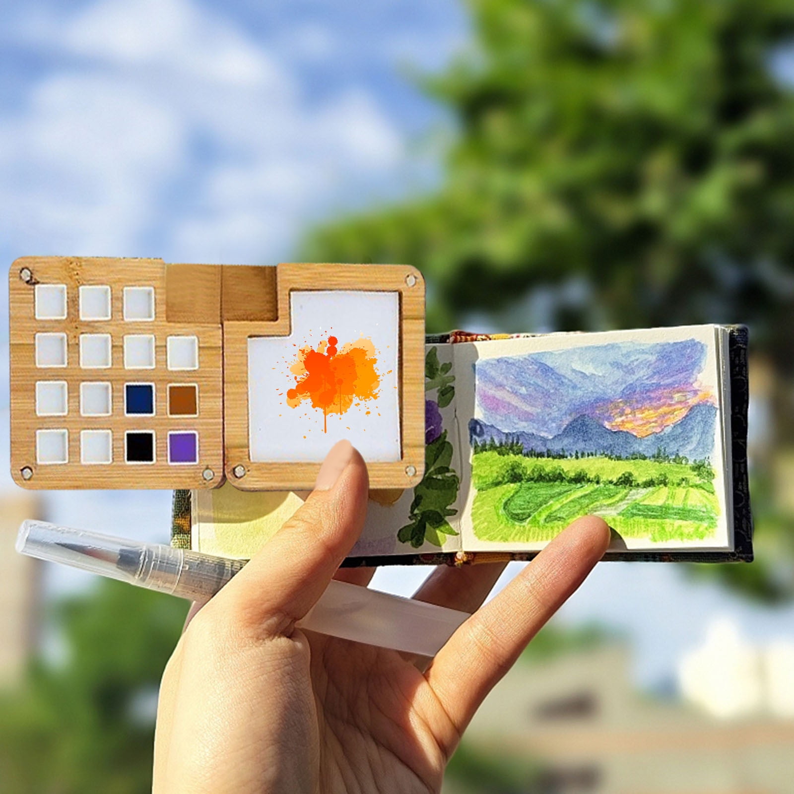 Portable Watercolor Palette, 15 Color Beech Wood Sketchbook Palette ...