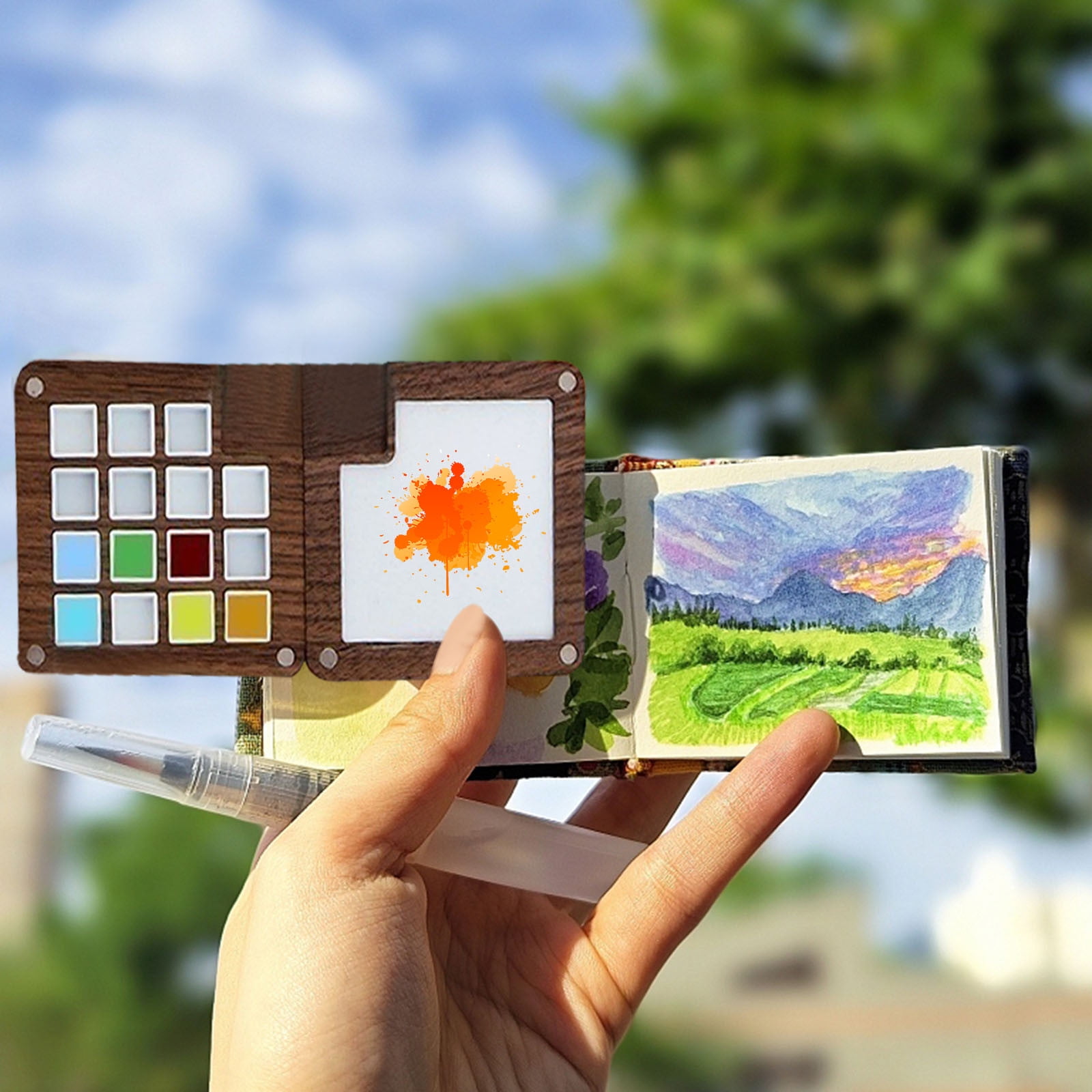 Portable Watercolor Palette, 15 Color Beech Wood Sketchbook Palette ...