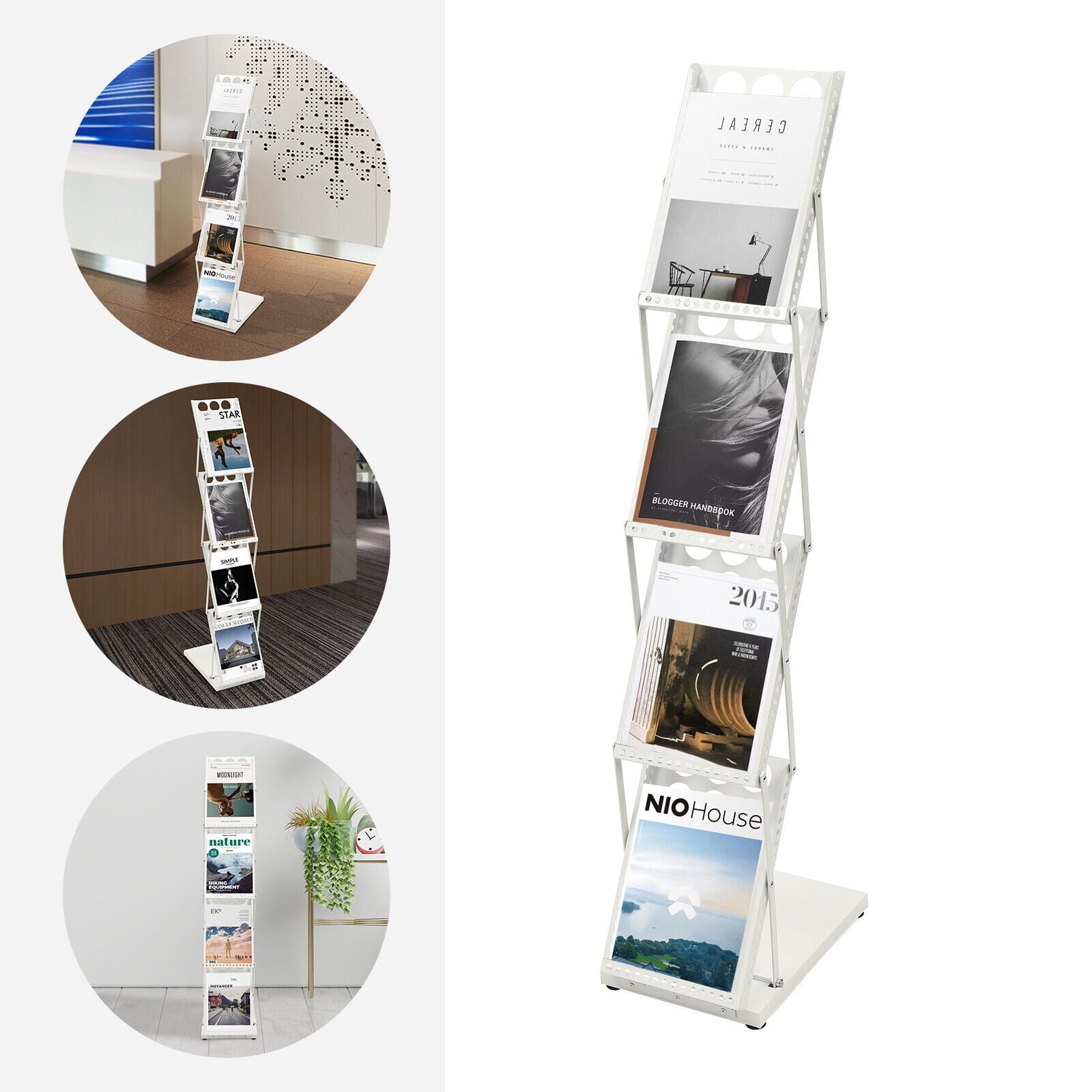 Portable White Foldable Magazine Display Rack 4-Tier A4 Brochure Holder ...