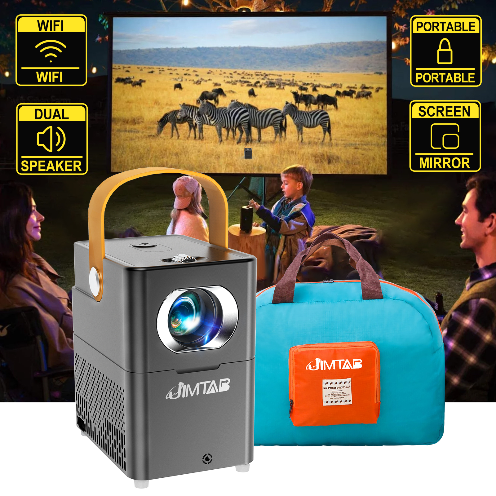 Portable WiFi Bluetooth Projector, JIMTAB V1 Outdoor Projector Full HD ...
