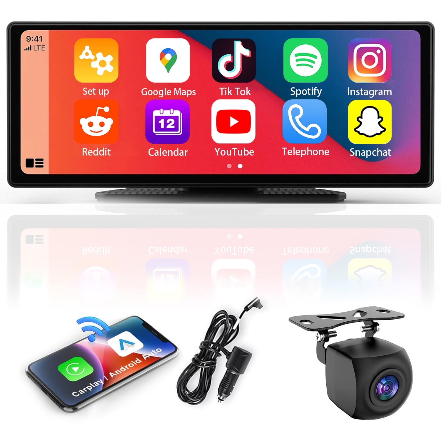 Portable Wireless Apple CarPlay and Android Auto Screen for Car, 10.26" High-Definition Touch ...