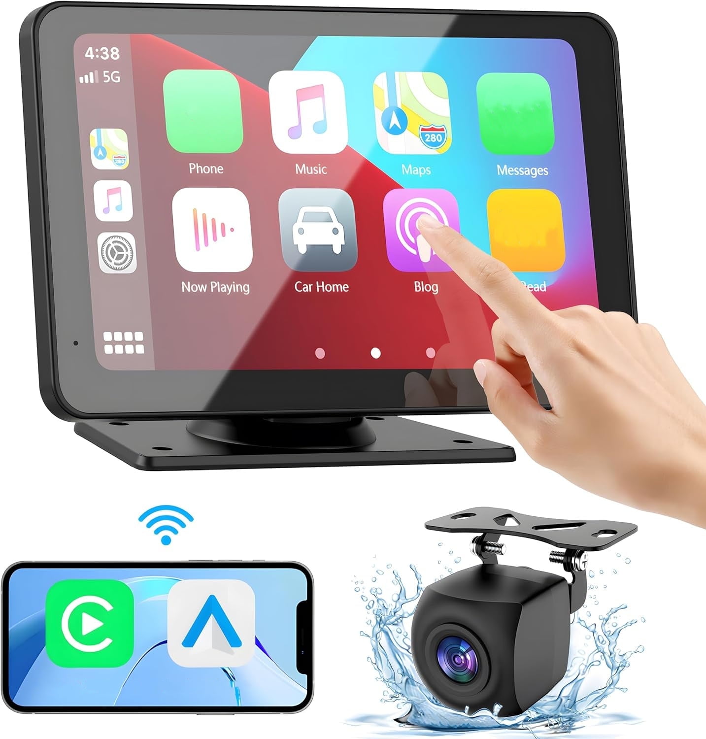 Portable Wireless Apple CarPlay and Android Auto Screen for Car, 7" HD ...