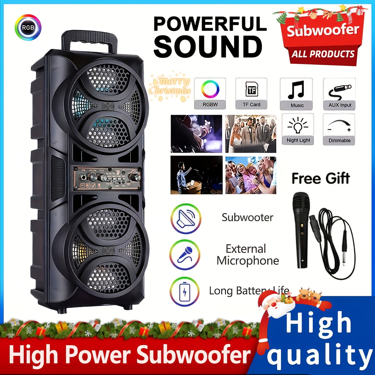 Portable Wireless PA Speaker, Dual 6.5-inch High-Quality Subwoofer System with AUX USB FM Wired ...