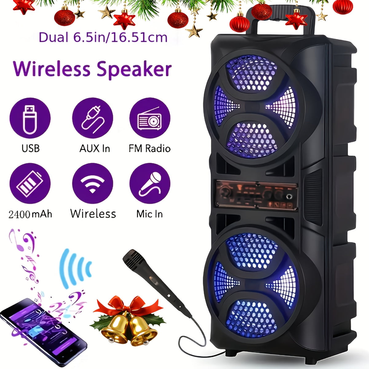 Portable Wireless PA Speaker, Dual 6.5-inch High-Quality Subwoofer ...