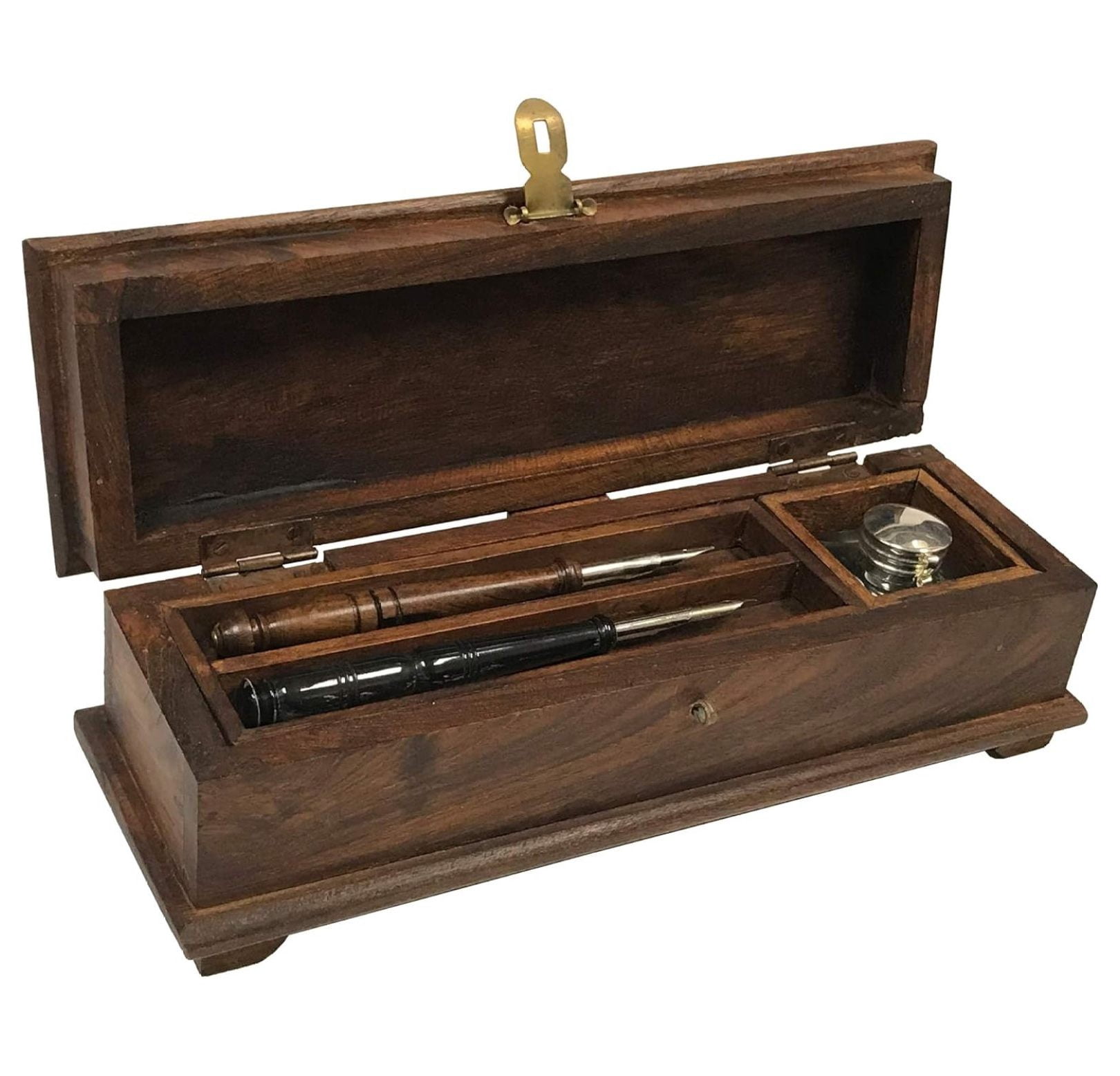 Portable Wood Writing Pen Box With Glass Inkwell, Wood & Ox Horn Nib ...
