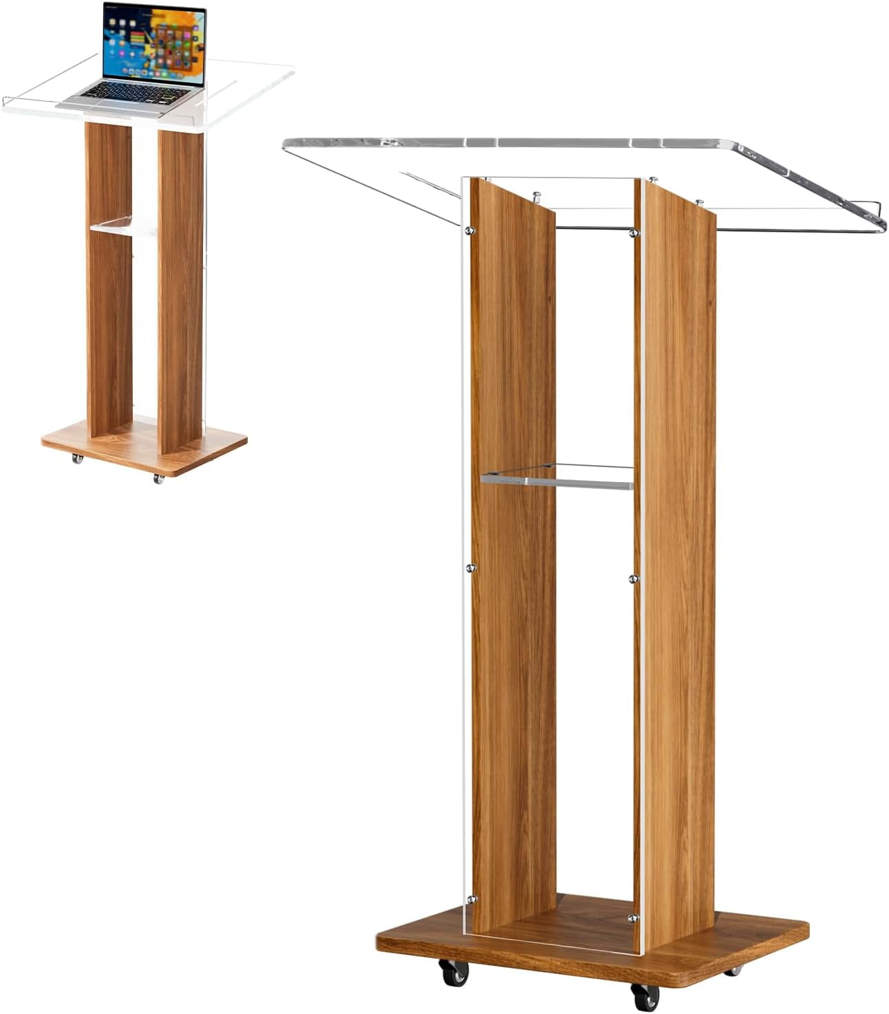 Portable Wooden and Acrylic Podium Lectern with Wheels, Wood Speaking ...