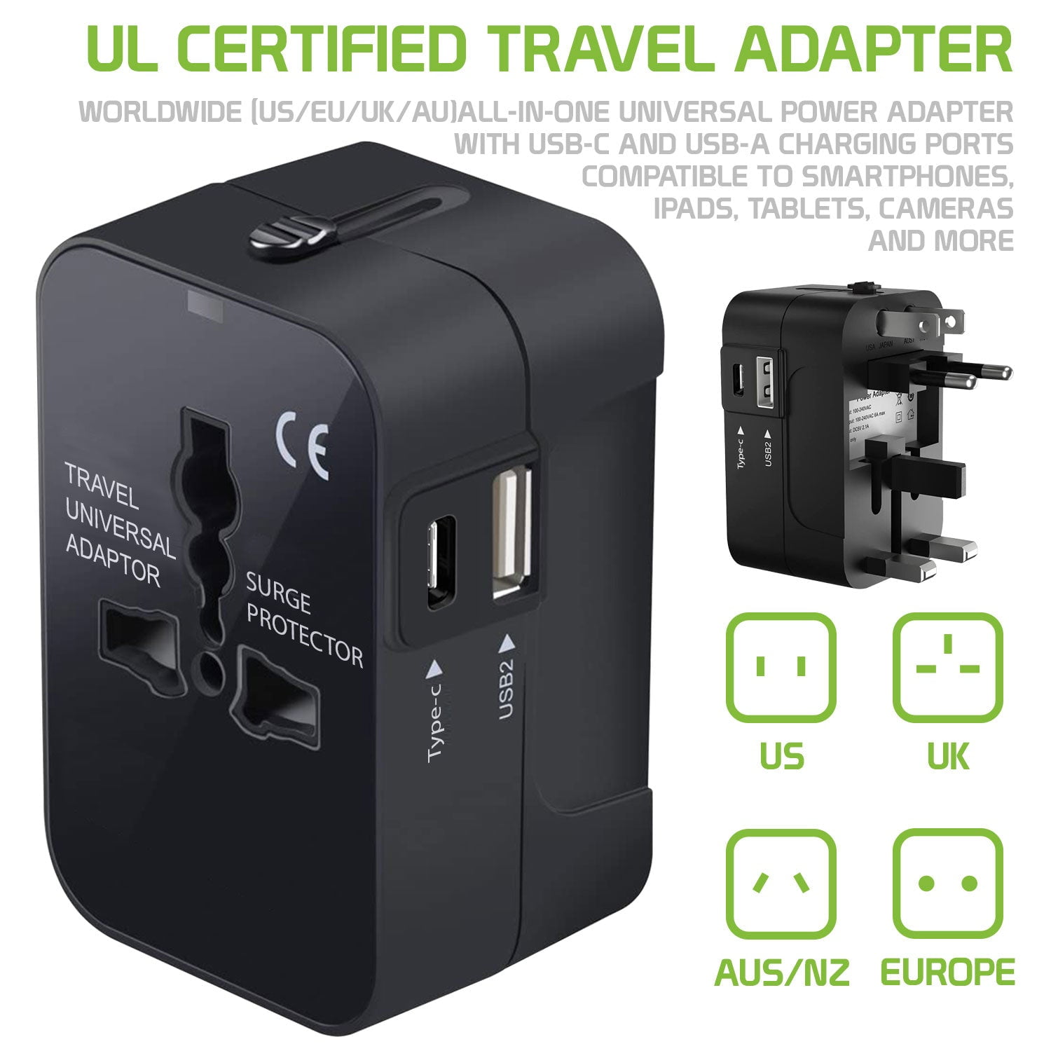 UL Certified Universal Travel Adapter with USB-A & USB-C for US, Europe, Australia, China ...