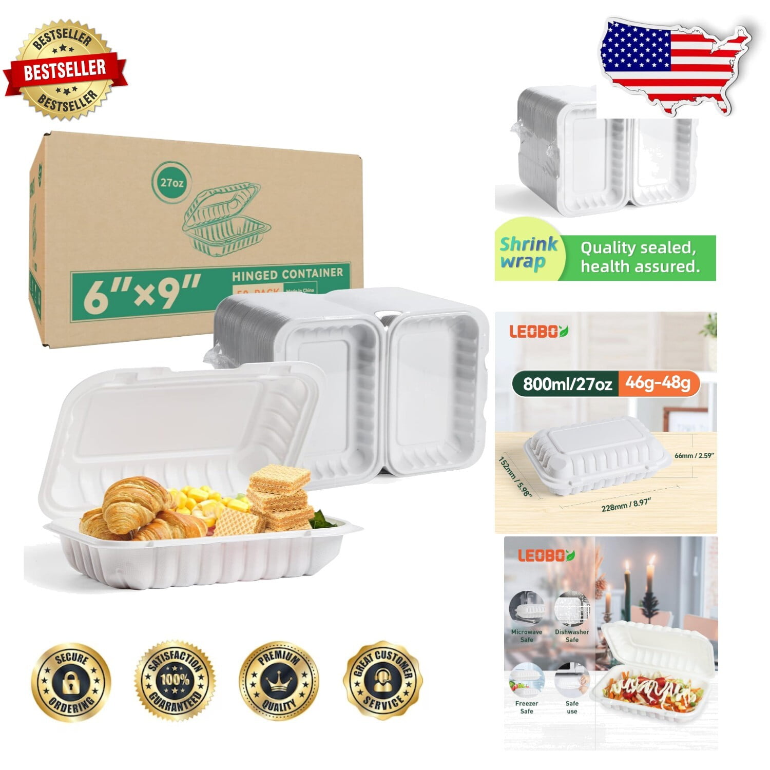 Portable and Durable 50-Pack Food Containers - BPA-Free 9x6 Inch To Go ...